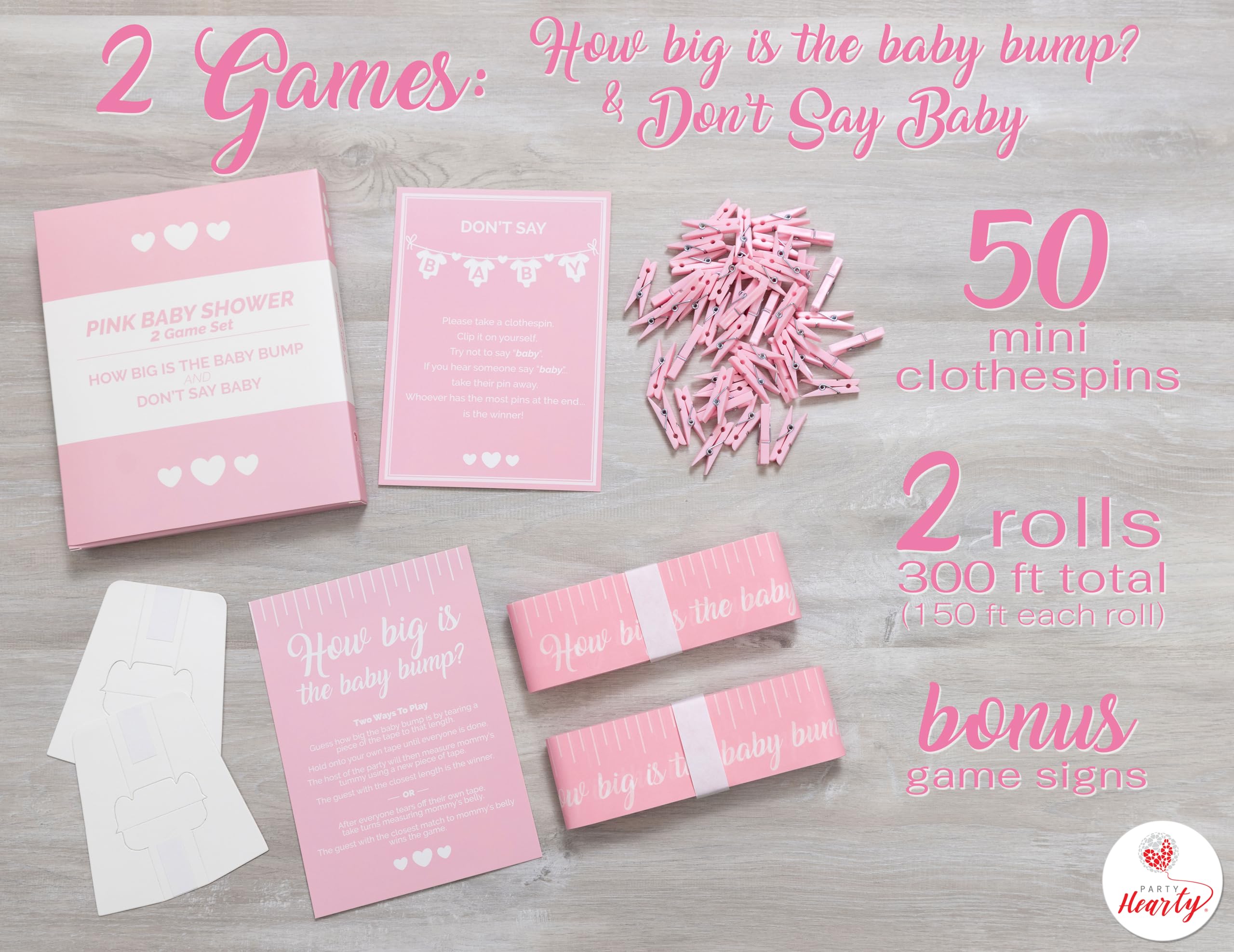 Party Hearty Funny Baby Shower Games for Girl, Set of 2: How Big is The Baby Bump & Don't Say Baby, Pink