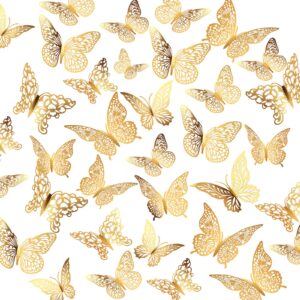 3d gold butterfly wall decor 3 sizes 4 styles butterfly party decorations cake decorations removable stickers wall decor room mural metallic kids (gold, 96pcs)