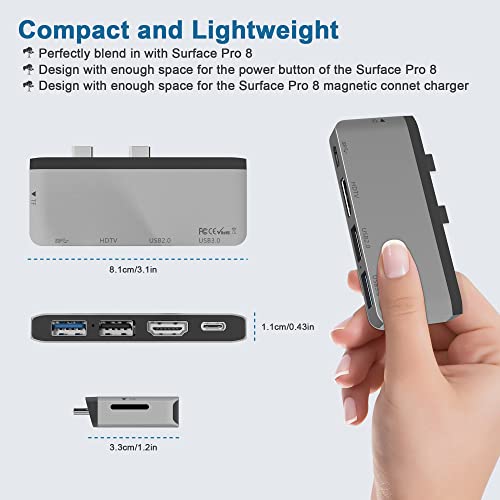 Microsoft Surface Pro 8 USB C Hub Adapter with 4K HDMI, USB-C Thunderbolt 4 (Display+PD Charging+Data), USB 3.0, USB 2.0, TF Card Slot, Docking Station Dual Monitor(HDMI+USB C) for Surface Pro 8