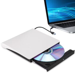 hcsunfly external cd/dvd drive for laptop, type-c cd/dvd player usb 3.0 portable burner writer reader compatible with mac macbook pro/air imac desktop windows 7/8/10/xp/vista(white)