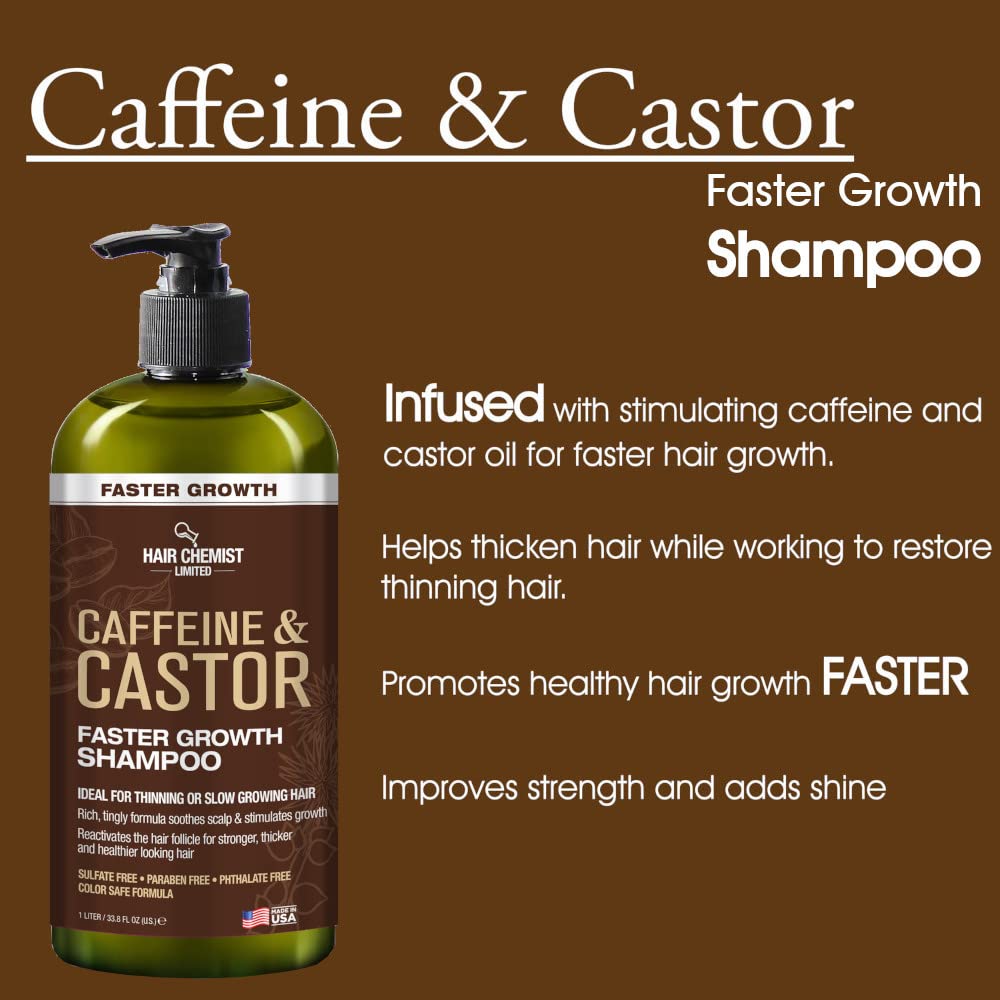 Hair Chemist Caffeine and Castor Faster Growth Shampoo 33.8 oz. - Hair Shampoo for Faster Hair Growth, Sulfate Free Shampoo