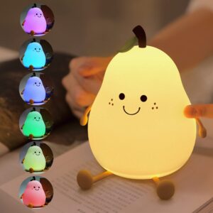 aokpsrt cute night light rechargeable with 7 color changing and timer, kids pear night light for toddler baby christmas gifts, touch portable led silicone lamp for nursery