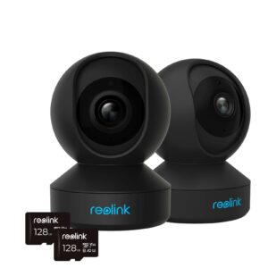 reolink indoor wifi camera (2 pack) bundle with 2 pcs 128gb sd card, 4mp/2k, 2.4/5 ghz wifi, two way talk, motion tracking, real time alerts, e1 pro black