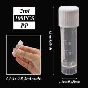 Qfeley 100 Pack 2 ml Plastic Vials Self Standing Cryogenic Vial Lab Small Lab Vial Plastic Vial Seal Cap Container for Laboratory School