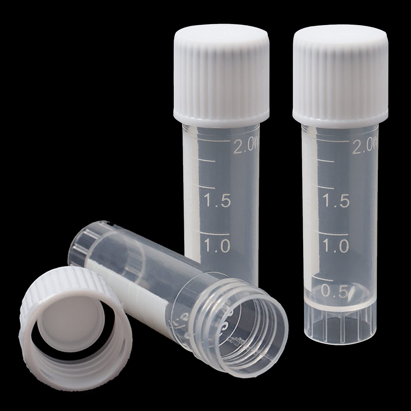 Qfeley 100 Pack 2 ml Plastic Vials Self Standing Cryogenic Vial Lab Small Lab Vial Plastic Vial Seal Cap Container for Laboratory School