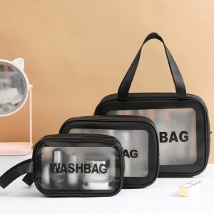 weallbuy Clear Travel Toiletry bag, 3 PCS Makeup Cosmetic Bag Transparent Travel Wash Bag for Women and Girls (Black)