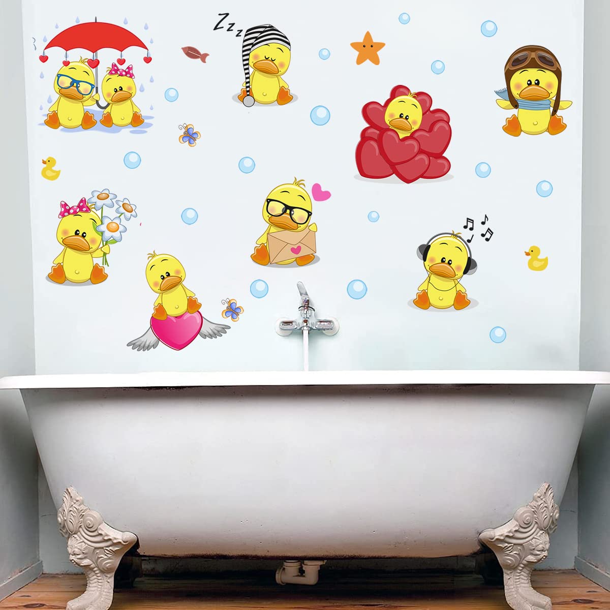 WOYINIS Cute Little Yellow Duck Wall Stickers Peel & Stick Little Yellow Duck and Bubbles Wall Stickers Set DIY Removable Summer Wall Decal Stickers Kids Room Playroom Bathroom Decor