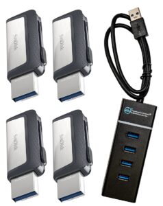 sandisk ultra 64gb dual drive usb type-c (four pack bundle) works with smartphones, tablets, and computers (sdddc2-064g-g46) bundle with (1) everything but stromboli 4 port usb 3.0 hub