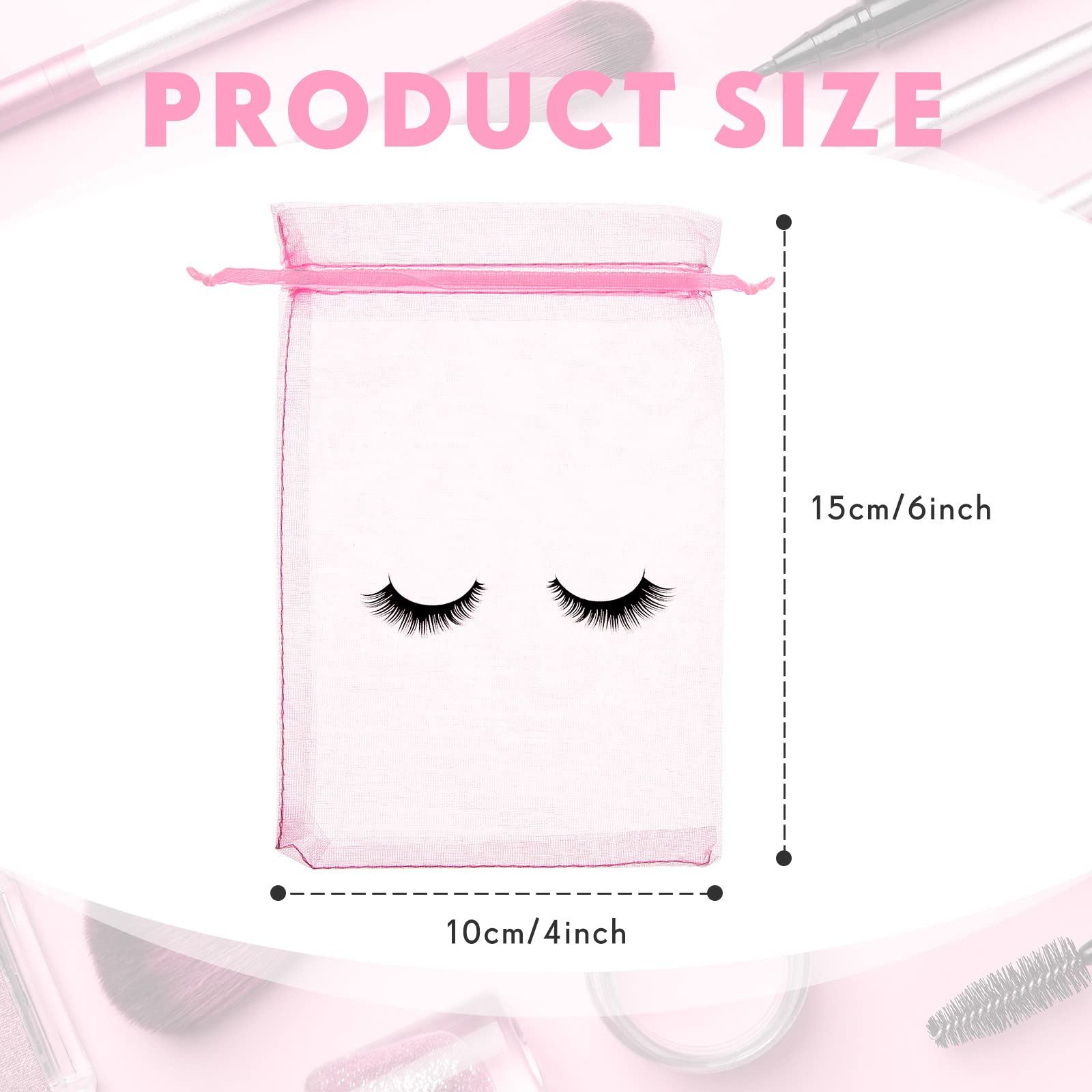 Reginary 100 Pcs Eyelash Aftercare Bags Eye Lash Print Makeup Bags Empty Beauty Gift Bags Women Drawstring Cosmetic Bag Organza Bags Pouch for Makeup Jewelry Supplies(4 x 6 Inch,Pink Plus Black)