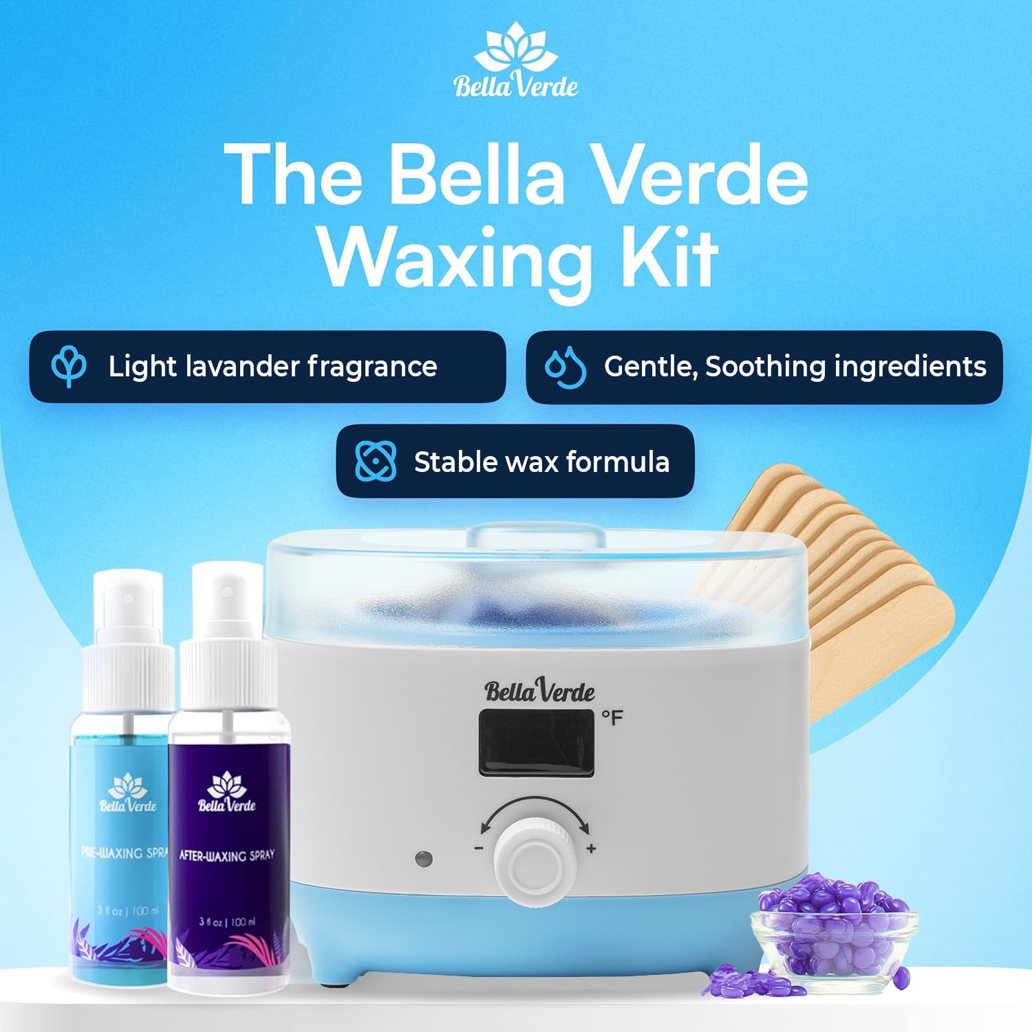 Bella Verde Waxing Kit - Home Wax Kit for Women and Men - Wax Warmer - 6 Packs of Wax Beads - Wax Pot - Pre & Post Wax Spray 20 Wood Sticks - Hard Wax Beans for Brazilian Body Legs Eyebrows Face Lips