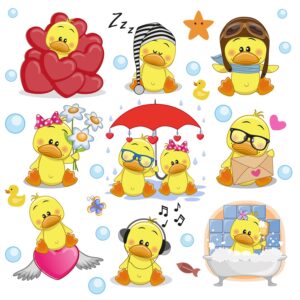 WOYINIS Cute Little Yellow Duck Wall Stickers Peel & Stick Little Yellow Duck and Bubbles Wall Stickers Set DIY Removable Summer Wall Decal Stickers Kids Room Playroom Bathroom Decor