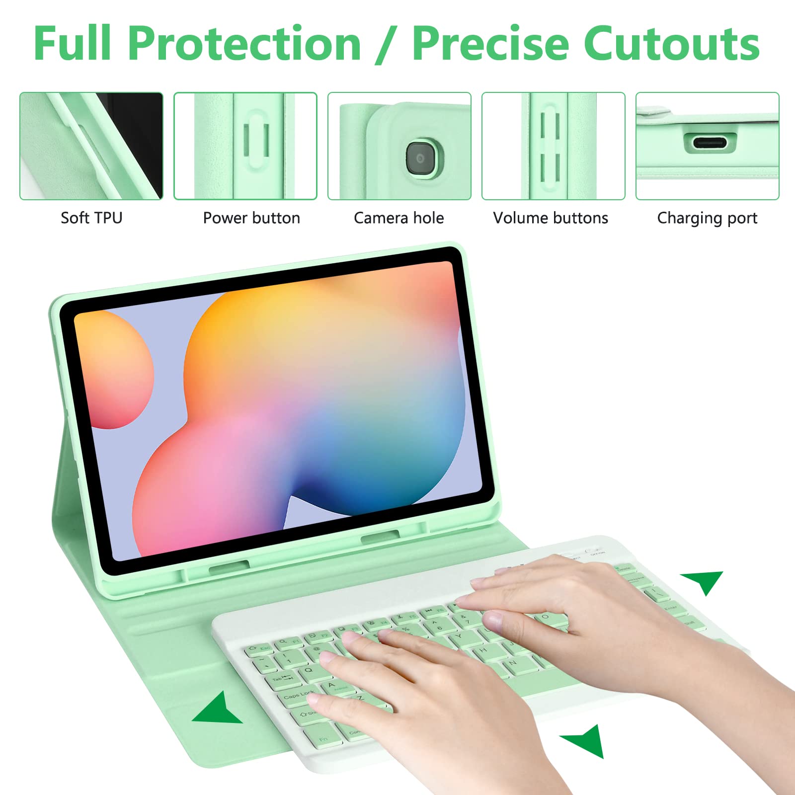 Keyboard Case for Samsung Galaxy Tab S6 Lite 10.4 Inch 2022/2020, Galaxy Tab S6 Lite SM-P610/P613/P615/P619 Tablet Cover Case with Detachable Wireless Keyboard S Pen Holder, Green