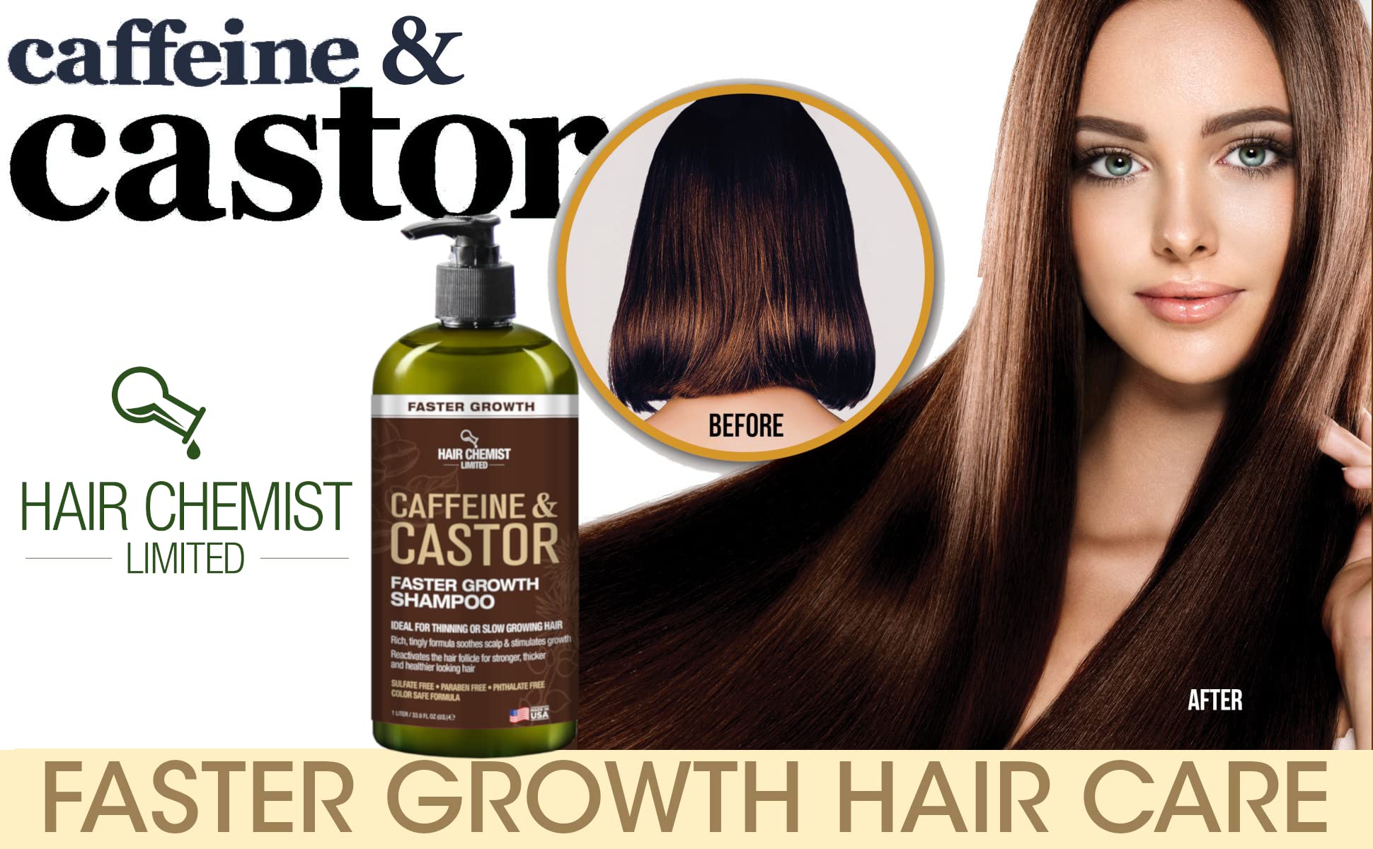 Hair Chemist Caffeine and Castor Faster Growth Shampoo 33.8 oz. - Hair Shampoo for Faster Hair Growth, Sulfate Free Shampoo