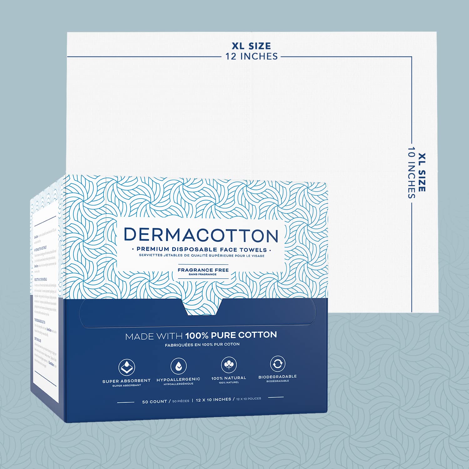 Dermacotton [100 X-Large Towels] 100% Biodegradable Disposable Cotton Face Towels – Super Soft Face Wipes, Hypoallergenic Makeup Remover Wipes, For All Skin Types Incl. Sensitive Skin, Facial Cloths