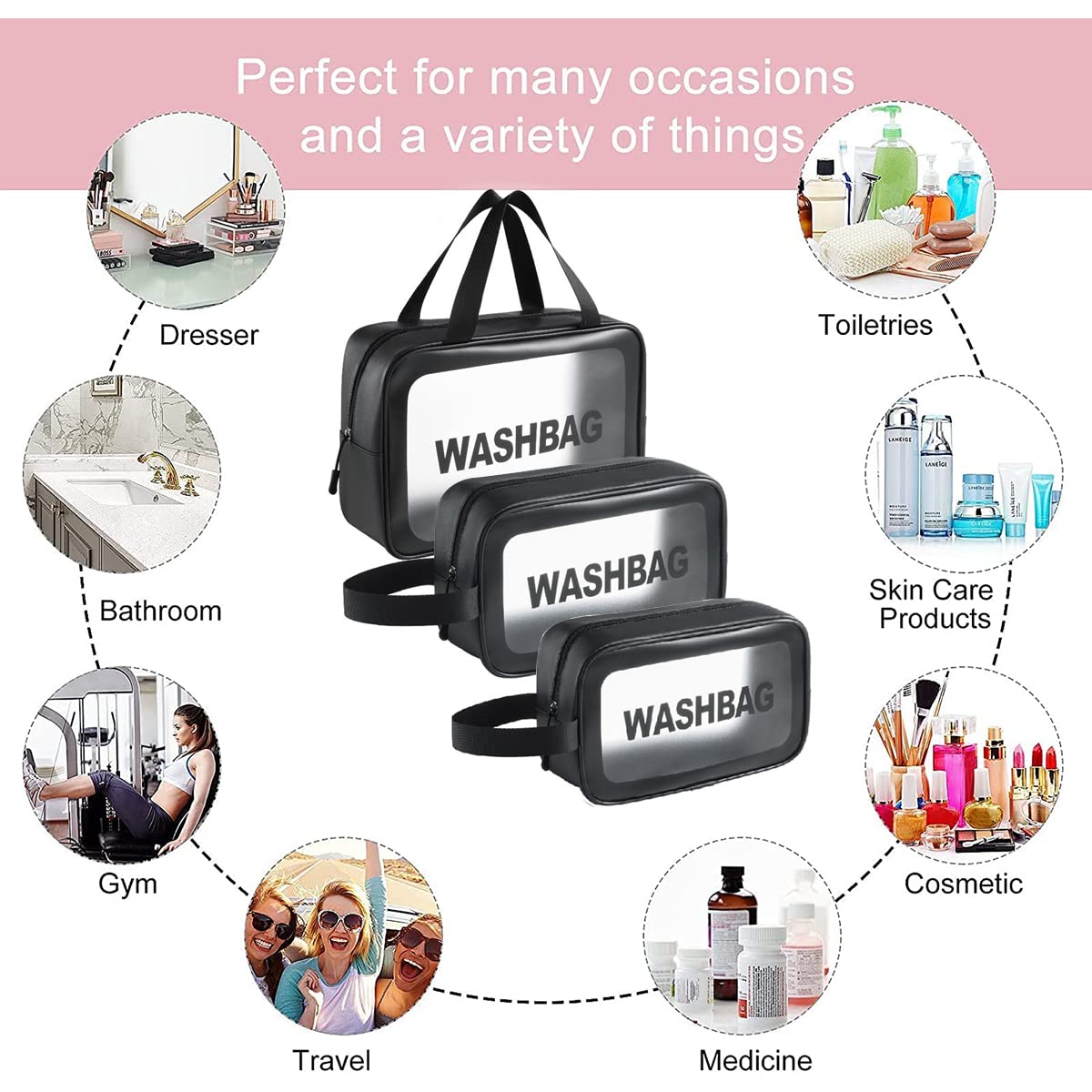 weallbuy Clear Travel Toiletry bag, 3 PCS Makeup Cosmetic Bag Transparent Travel Wash Bag for Women and Girls (Black)