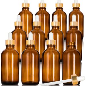 La Brea Packaging 4 oz Glass Bottles with Gold Glass Dropper - 12 PACK l Choose Any Color Bottle l Clear, Cobalt Blue, Amber Brown (Amber)