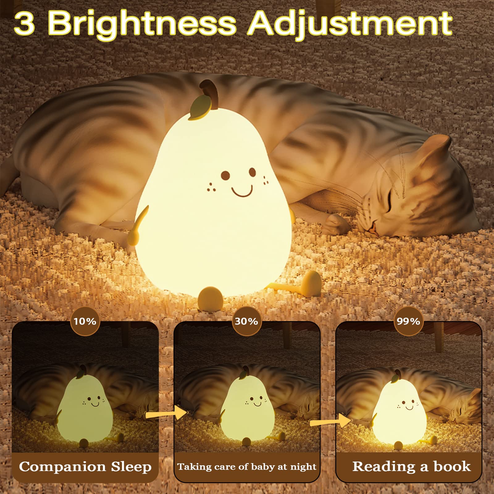 Aokpsrt Cute Night Light Rechargeable with 7 Color Changing and Timer, Kids Pear Night Light for Toddler Baby Christmas Gifts, Touch Portable LED Silicone Lamp for Nursery