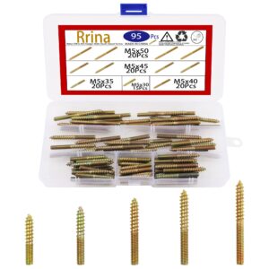 rrina 95pcs m5 hanger bolts studs dowel screw double ended self-tapping threaded assortment set for wood joint furniture legs