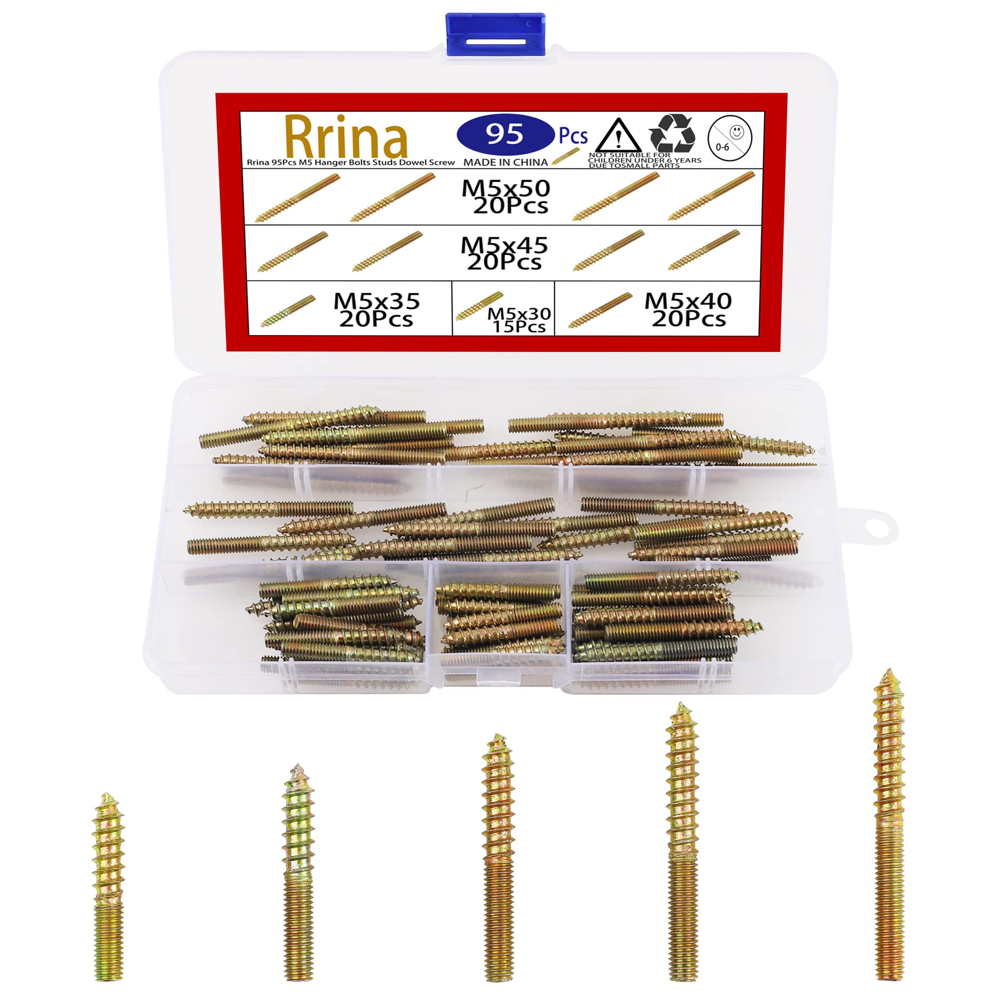 Rrina 95Pcs M5 Hanger Bolts Studs Dowel Screw Double Ended Self-Tapping Threaded Assortment Set for Wood Joint Furniture Legs