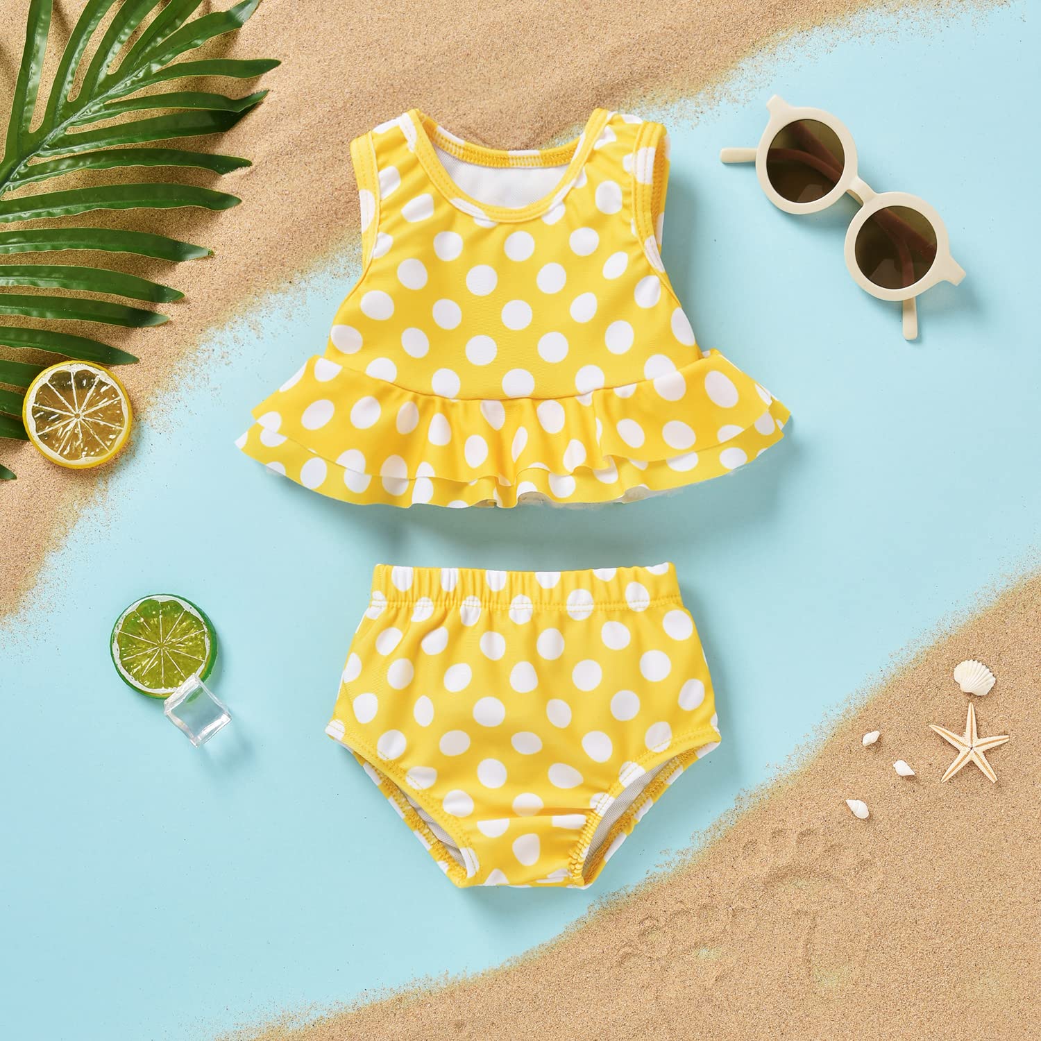 Aalizzwell 2-3T Toddler Little Girls Swimsuit Two Piece Polka Dot Ruffle Bathing Suit Bikini Tops Bottoms Swimming Suit Swimwear Beach Wear Yellow 2T