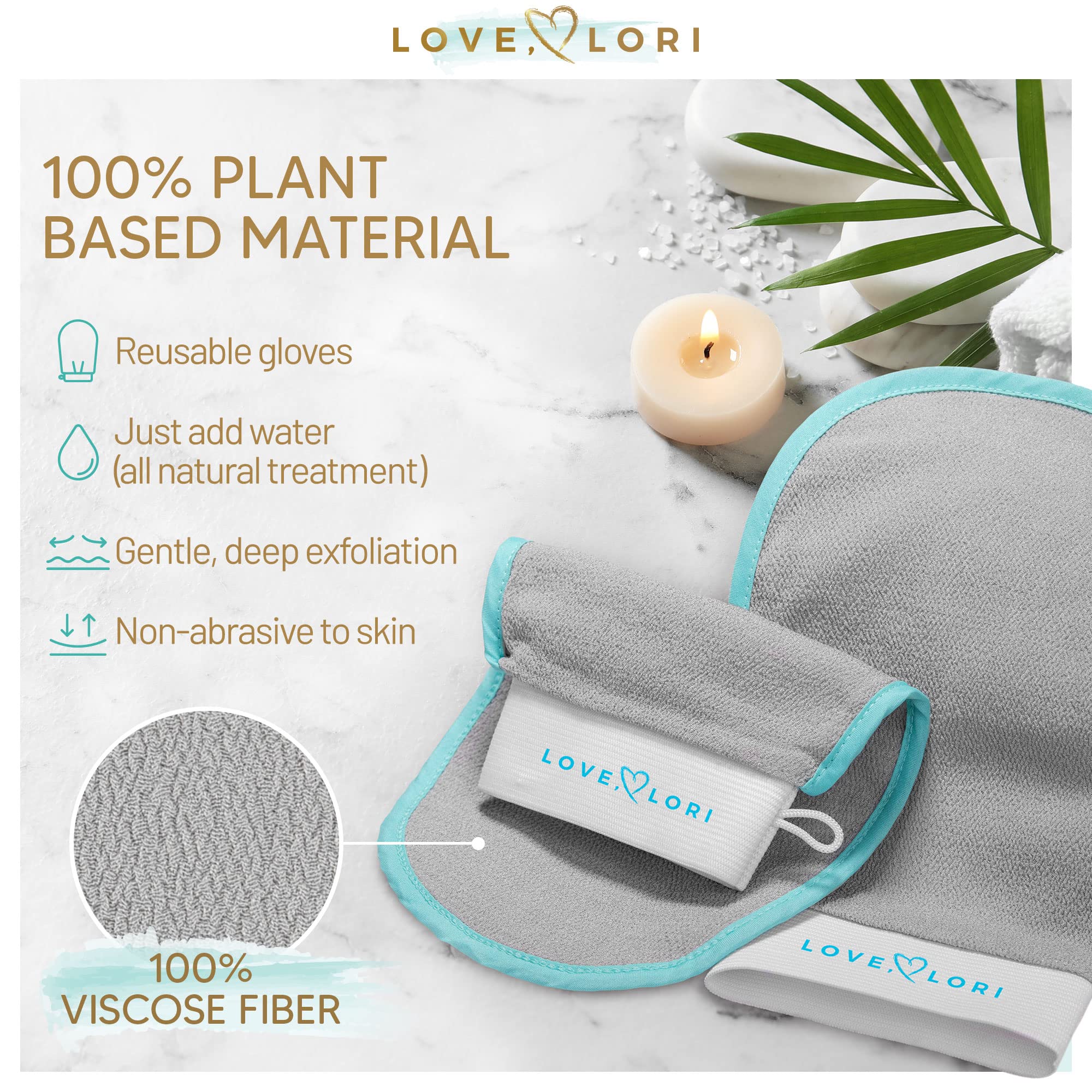 LOVE, LORI Exfoliating Glove (Set of 2) - 100% Viscose Fiber Exfoliating Mitt - Dead Skin Remover for Body, Keratosis Pilaris & Self Tanning - Improve Skin Texture - Self Care Gifts for Women