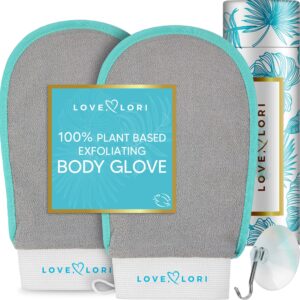 love, lori exfoliating glove (set of 2) - 100% viscose fiber exfoliating mitt - dead skin remover for body, keratosis pilaris & self tanning - improve skin texture - self care gifts for women