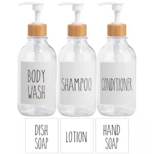 shampoo and conditioner dispenser-set of 3-16 oz reusable pump bottle dispenser for bathroom with 6 waterproof stickers - empty plastic refillable containers for shower (clear)