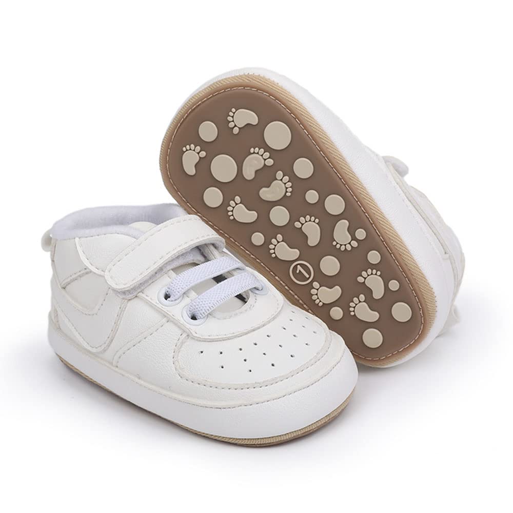 Clowora Unsex Baby Shoes Boys Girls Infant Sneakers Non-Slip Soft Rubber Sole Toddler Crib First Walker Lightweight Shoes(A02/White,6-12 Months)