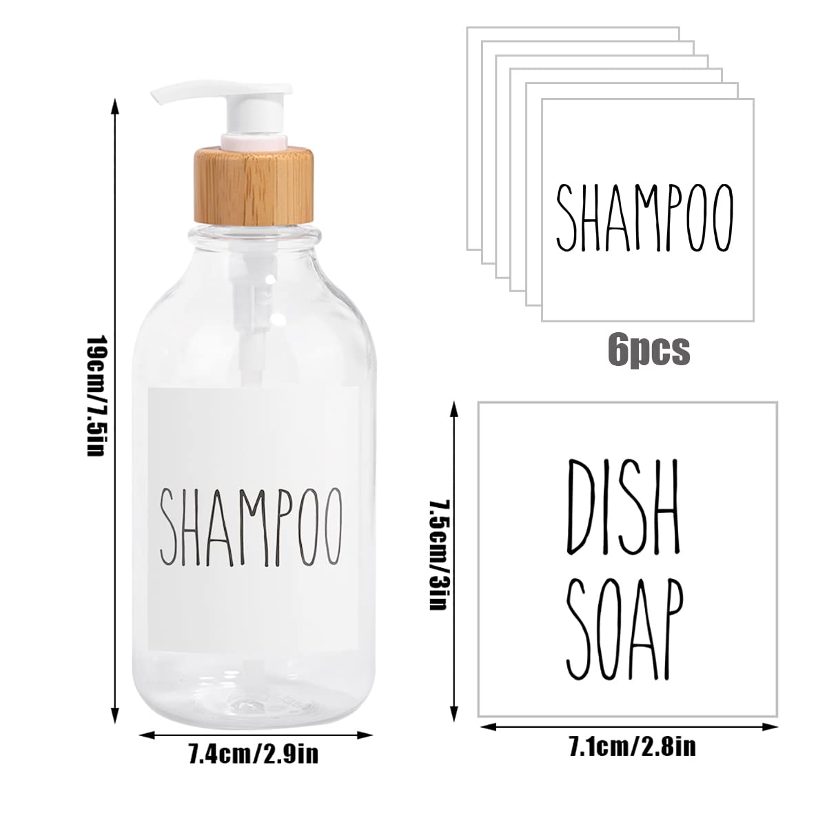 Shampoo and Conditioner Dispenser-Set of 3-16 oz Reusable Pump Bottle Dispenser for Bathroom with 6 Waterproof Stickers - Empty Plastic Refillable Containers for Shower (Clear)