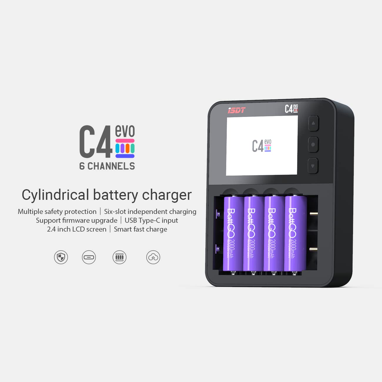 ISDT C4 EVO AAA Universal Battery Balance Charger, 6-Bay Smart Battery Charger with Type-C QC3.0 Output for AA Li-ion Rechargeable Batteries - Household Battery re-charger With Display Screen (C4 EVO)