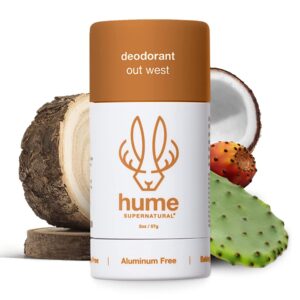 hume supernatural aluminum free deodorant for women & men - safe for sensitive skin - probiotic, plant-based, baking soda free, aloe, & cactus flower, anti sweat, stain & odor - out west, 1-pack