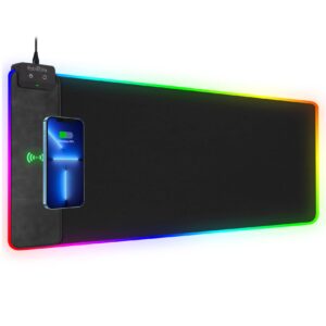 wireless charging rgb gaming mouse pad, 31.5"x15.7" large desk mat, desk pad with wireless charger, non-slip rubber base, waterproof, computer keyboard mat for gamer, office, home, black