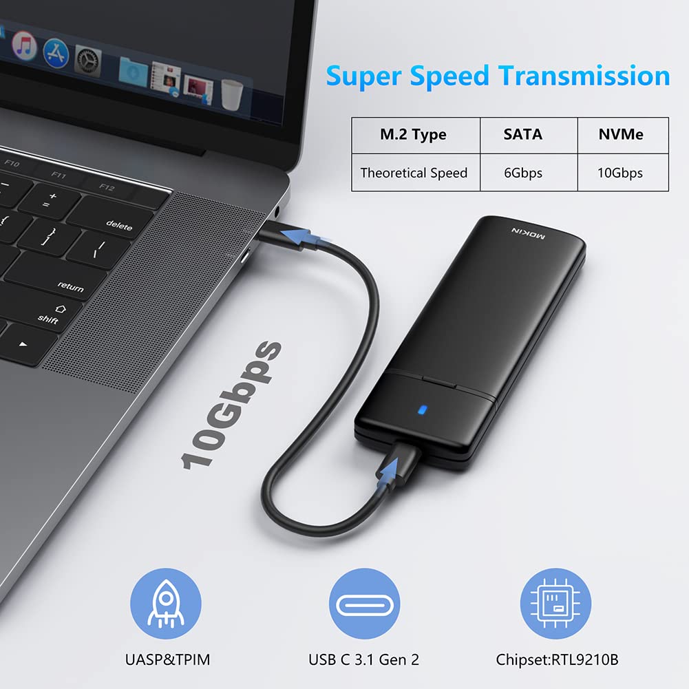 MOKiN M.2 NVMe SATA SSD Enclosure Reader Tool-Free, NVMe to USB 3.2 Gen 2 10Gbps NVMe PCIe and 6Gbps SATA, External Enclosure Thunderbolt Support UASP Trim for SSD Size 2230/2242/2260/2280