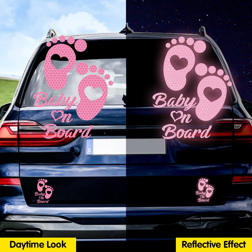 2PCS Baby on Board Stickers for Cars, Nouiroy Reflective Baby in Car Stickers and Decals Cute Feet Car Window Clings Safety Warning Sign Waterproof Auto Vinyl Sticker, Pink