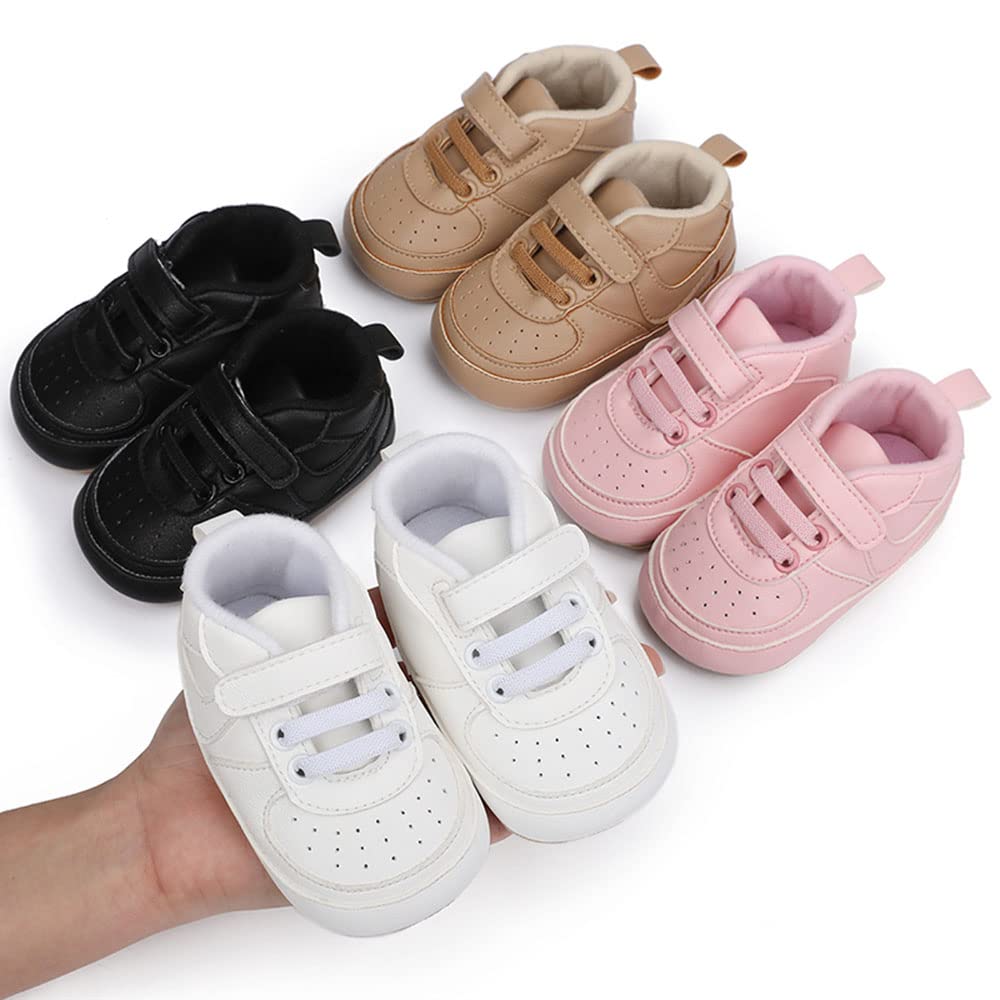 Clowora Unsex Baby Shoes Boys Girls Infant Sneakers Non-Slip Soft Rubber Sole Toddler Crib First Walker Lightweight Shoes(A02/White,6-12 Months)