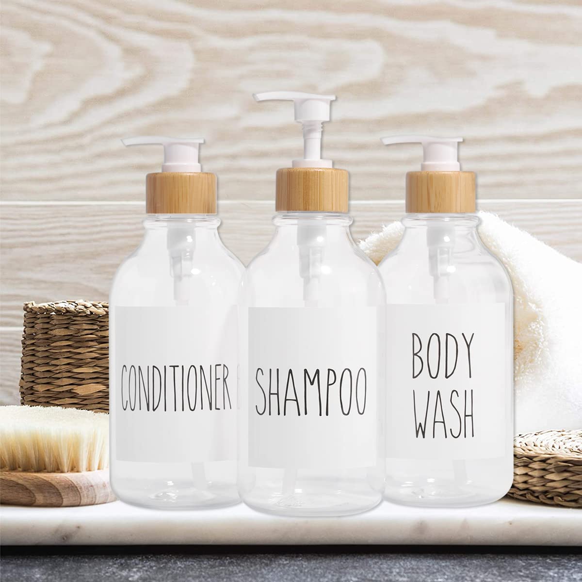 Shampoo and Conditioner Dispenser-Set of 3-16 oz Reusable Pump Bottle Dispenser for Bathroom with 6 Waterproof Stickers - Empty Plastic Refillable Containers for Shower (Clear)