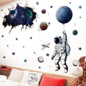 outer space wall decor for boys room art, colorful planets rocket spaceship stars and astronaut kids wall decal nursery bedroom playroom classroom decoration stickers (#a)