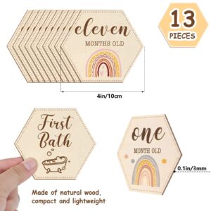 13 Pcs Wooden Baby Shower Milestone Blocks Cards Wood Baby Shower Month Signs Discs Boho Double Side Print Marker Gift Photo Prop Disc Set Birth Announcement for Baby Shower Newborn(Rainbow)