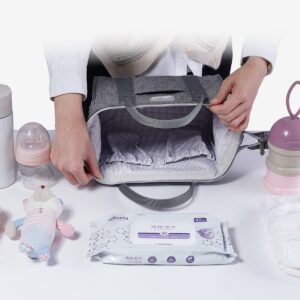 SUNVENO Small Baby Diaper Bag, Travel Tote Essentials Mini Tote Handbag Capacity for Diapers, Toys & Snacks On The Go, Grey