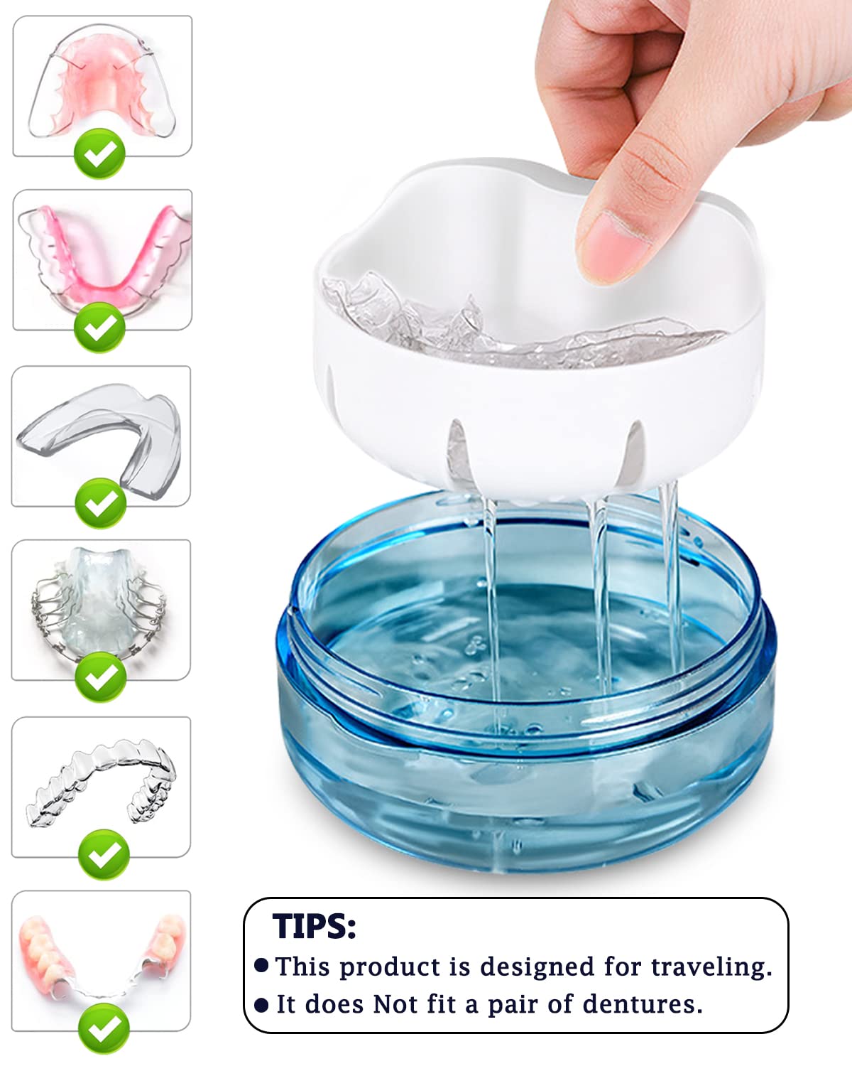 Denture Case, Definitely No-Leak Denture Bath Box for Traveling Perfectly, Denture Cup with Strainer & Magnetic Mirror, Completely Clean Care for Retainer, Mouth Guard, & Denture