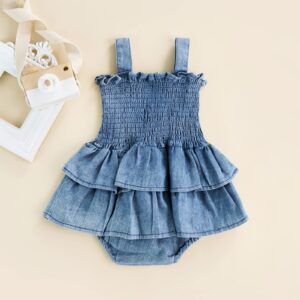 Infant Toddler Girl Summer Outfits Sleeveless Dress Romper Denim Onesie One Piece Jumpsuit Bodysuit (Blue, 6-12 Months)