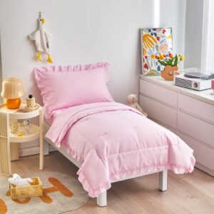 4 pieces pink toddler bedding set with ruffle fringe, solid color toddler bed set - 1 toddler comforter + 1 fitted sheet +1 flat sheet +1 pillowcase for baby boys and girls