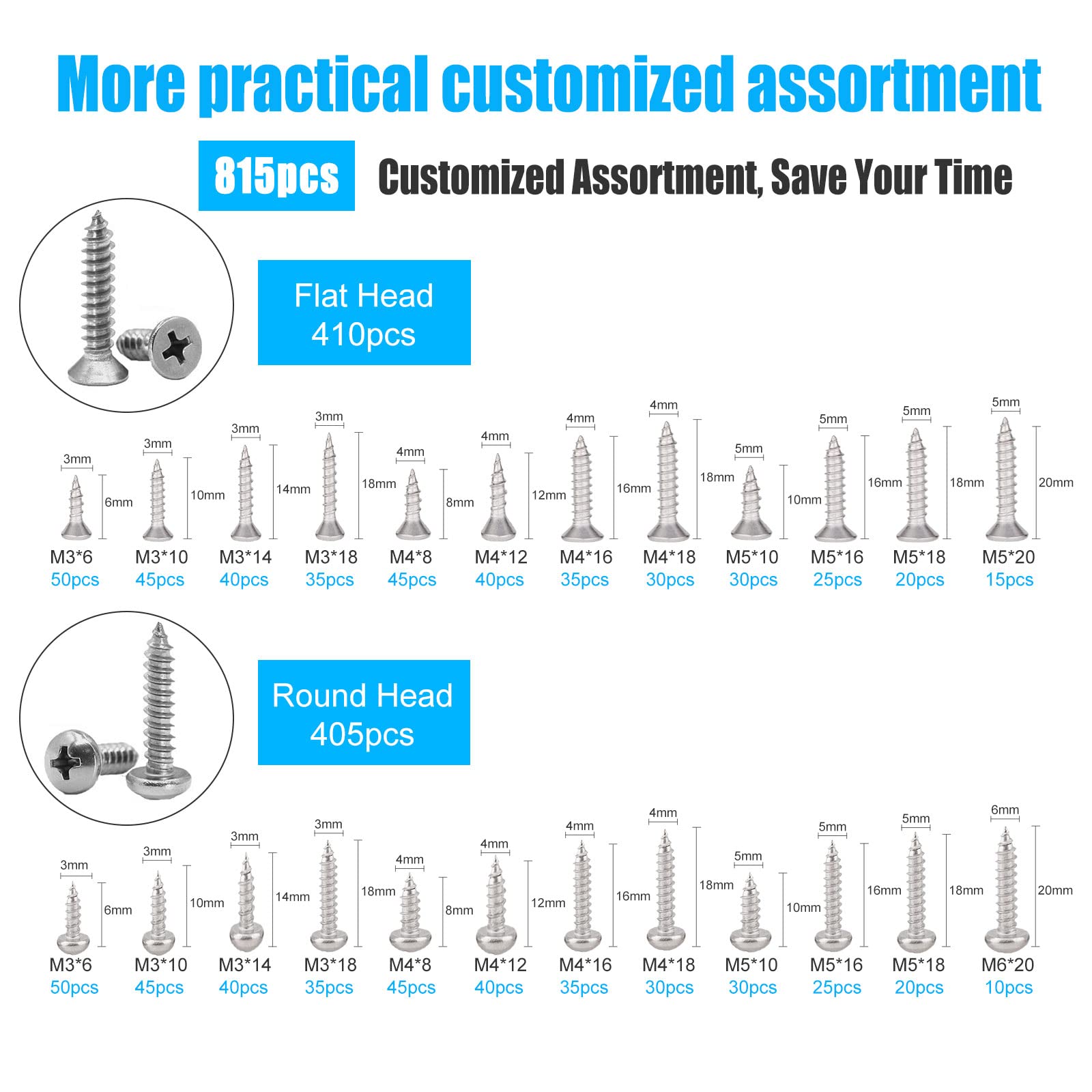 AETTL 815pcs M6 M5 M4 M3 Wood Screws Assortment Kit, Metric Stainless Steel Assorted Self Tapping Screws Set Truss Flat Pan Head Phillips Drive Drilling for Deck Drywall Concrete Sheet Metal