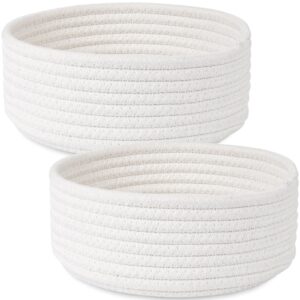 hispqser 2pack white woven baskets, natural small cotton rope storage cute round decorative for toys decorative hamper for nursery round thicken kids baskets key bowl 7.48 * 7.48 * 3.54 in