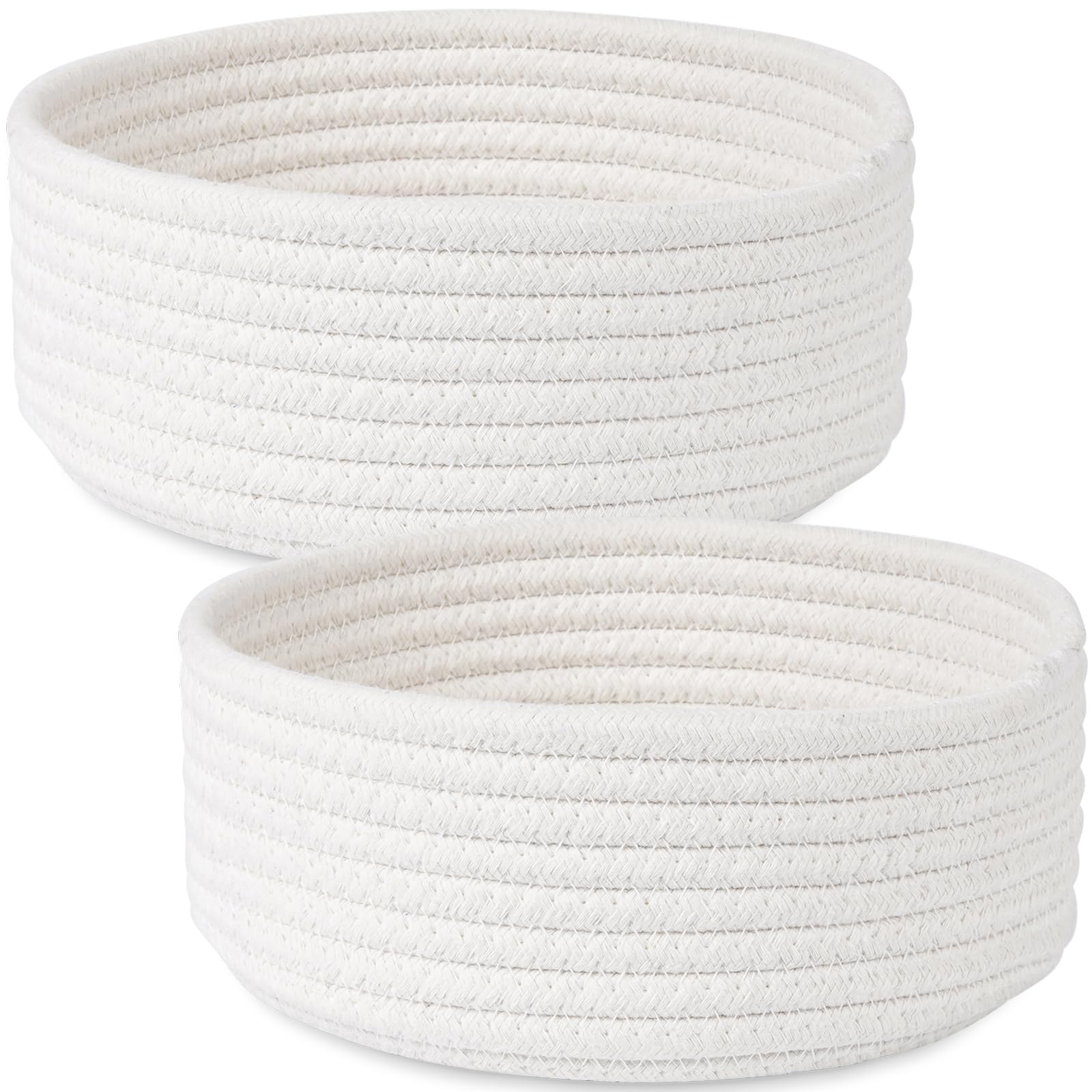 Hispqser 2pack White Woven Baskets, Natural Small Cotton Rope Storage Cute Round Decorative for Toys Decorative Hamper for Nursery Round Thicken Kids Baskets Key Bowl 7.48 * 7.48 * 3.54 in