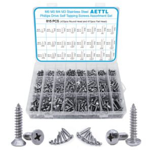 aettl 815pcs m6 m5 m4 m3 wood screws assortment kit, metric stainless steel assorted self tapping screws set truss flat pan head phillips drive drilling for deck drywall concrete sheet metal