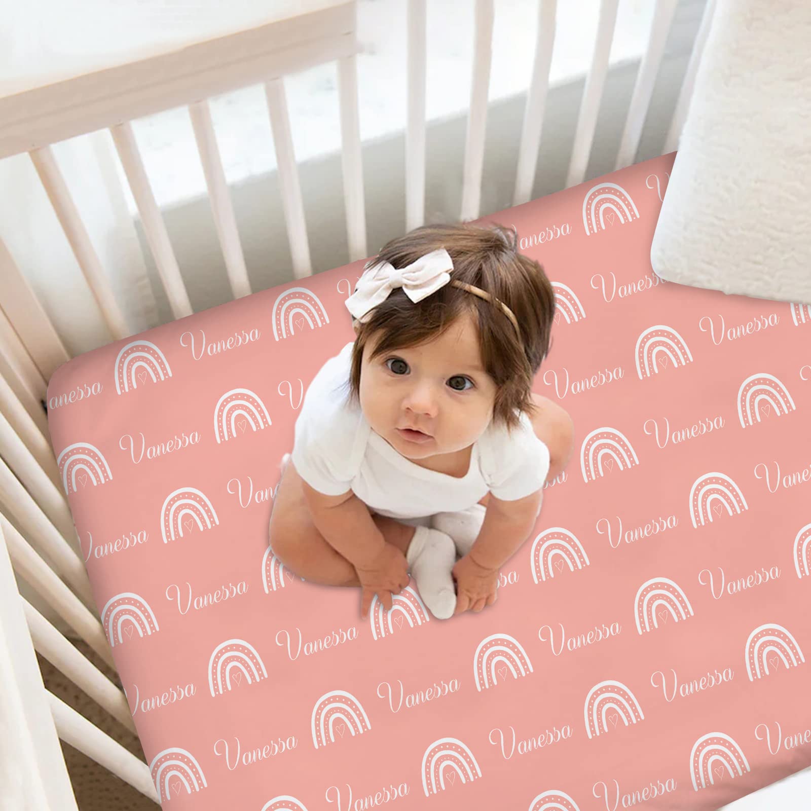 Munific Personalized Fitted Crib Bedding Sheet Design Your Baby Own Fitted Sheet with Baby Name and Icon, Custom Portable Crib Mattress Topper for Baby Boys Girls, Mini Crib Sheet | Name Crib Sheets