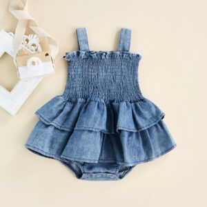 Infant Toddler Girl Summer Outfits Sleeveless Dress Romper Denim Onesie One Piece Jumpsuit Bodysuit (Blue, 6-12 Months)