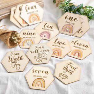 13 Pcs Wooden Baby Shower Milestone Blocks Cards Wood Baby Shower Month Signs Discs Boho Double Side Print Marker Gift Photo Prop Disc Set Birth Announcement for Baby Shower Newborn(Rainbow)