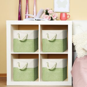 6 Pcs 11 x 11 Inch Cube Storage Bins Fabric Cube Storage Organizer Bins Foldable Storage Cube Baskets with Sturdy Carry Handles Multipurpose Storage Cube for Home (Green, White)